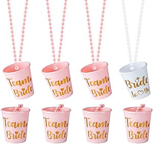MGupzao Bachelorette Party Favors Shot Glass Necklace 8Pcs Bride to Be and Team Bride Cup Necklace with Plastic Beads for Bridal Shower Engagement Party Pink and White