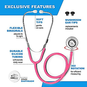 Primacare DS-9290-PK Adult Size 22 Inch Stethoscope for Diagnostics and Screening Instruments, Lightweight and Aluminum Double Head Flexible Stethoscope, Pink