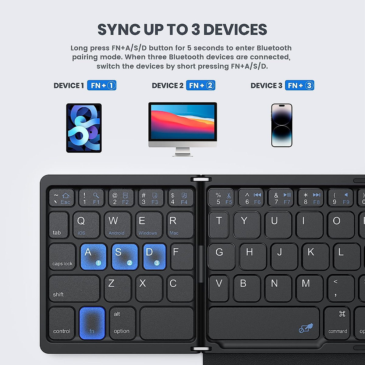GEODMAER Foldable Bluetooth Keyboard, Portable Full Size Folding Keyboard with Large Touchpad, Numeric Keypad, PU Leather, Wireless Travel Keyboard for Windows iOS Android Mac(Sync up to 3 Devices)