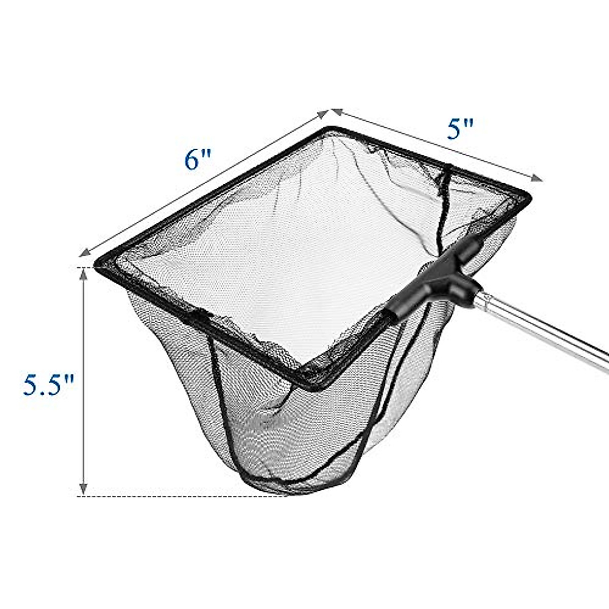 Lpraer Aquarium Fish Net 5" x 6" Fish Net with Extendable 7.4"-16.3" Telescopic Stainless Steel Long Handle Fine Mesh Fish Net for Fish Tank