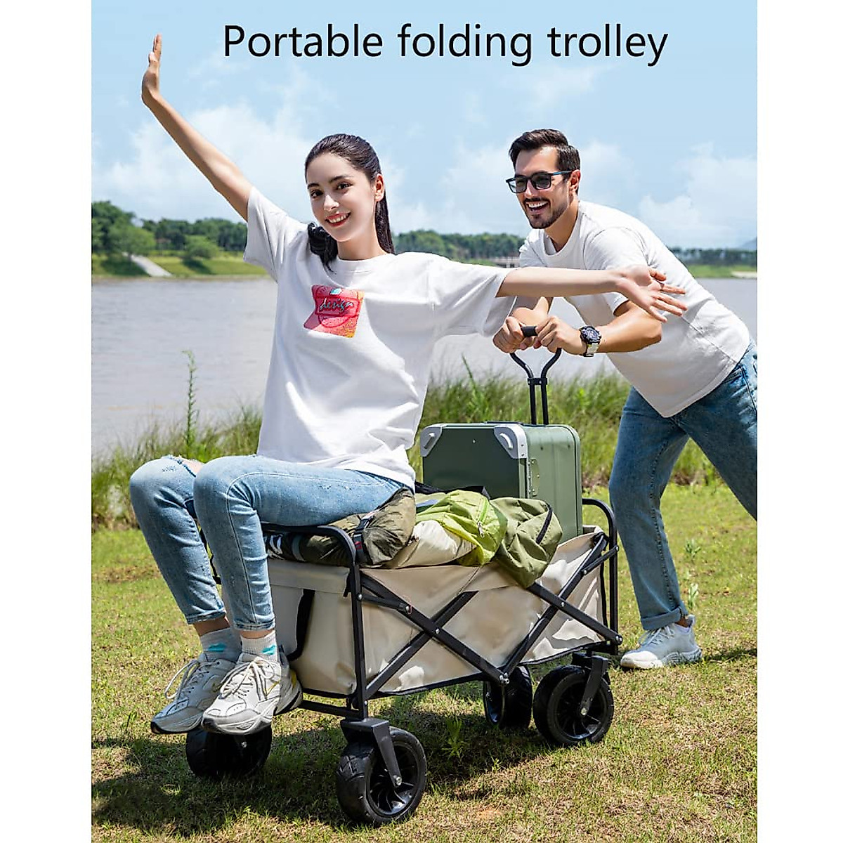 Collapsible Folding Wagon with 150L Capacity, Heavy Duty Foldable Utility Garden Cart with Big All-Terrain Beach Wheelsand Drink Holders.White