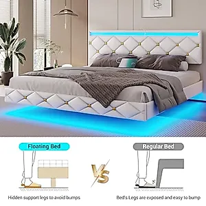 DICTAC Floating King Bed Frame with LED Lights and USB Ports Modern Upholstered Platform LED Bed Frame King Size with Headboard Faux Leather Low Profile Floating Bed Frame, No Box Spring Needed,White