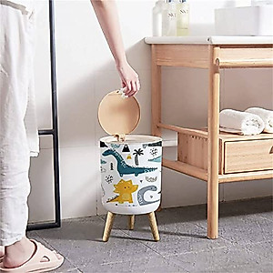 Nordic Style Trash Can - Childish seamless with hand drawn dino in scandinavian style Creative Push Top Trash Can with Lid - Scandinavian Modern Garbage Can - Round Trash Bin w/ Legs for Kitchen/Bathroom/Dog proof, 1.8 Gallon - 7L