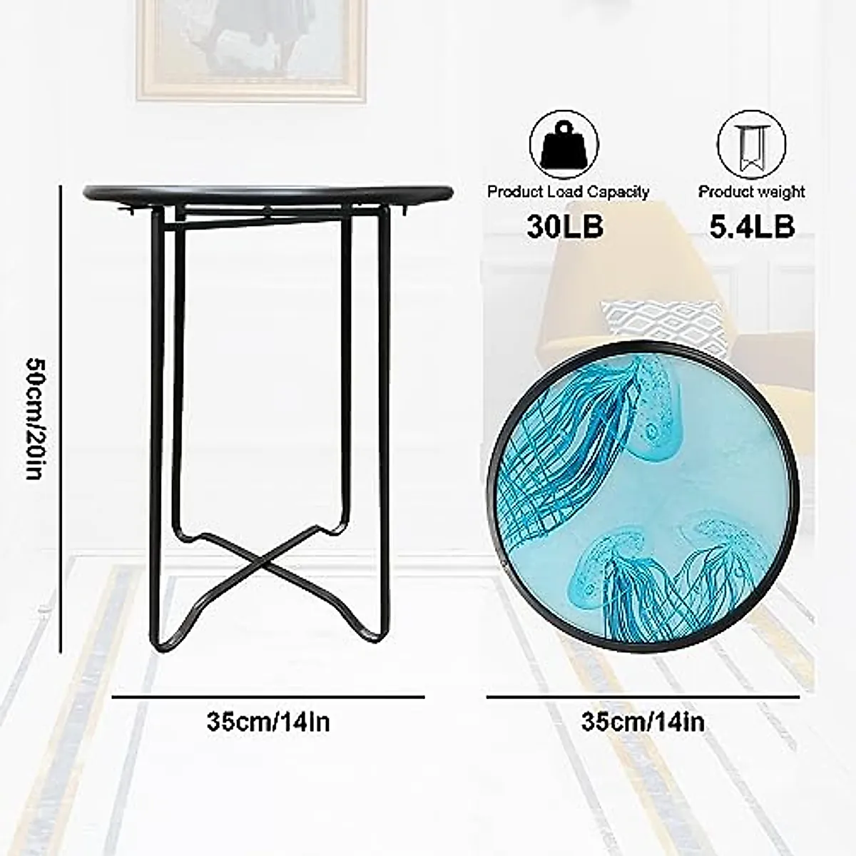 LIFFY Outdoor Side Table, 14" Weather Resistant Metal & Glass Patio Accent Side Table, Indoor Home Decorative End Table, Plant Stands Table Outside, for Yard Balcon Garden Bedside (Blue Jellyfish)