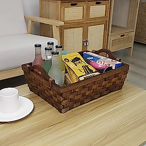 Rectangular Wooden Basket, Natural Hand Woven Storage Basket with Handles for Sundries Toys Fruits (Dark Brown)