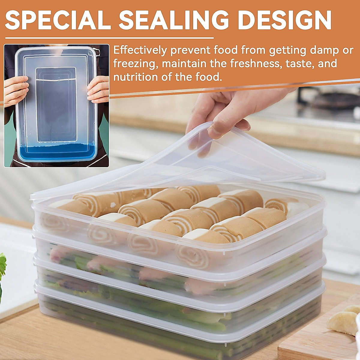 Jwthee 4PCS Food Storage Container, Stackable Dumpling Storage Box Airtight Cookie Storage Containers Transparent Food Containers with Lid for Kitchen and Fridge