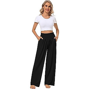 TARSE Womens Smocked Ruffle High Waisted Wide Leg Yoga Sweatpants Comfy Palazzo Lounge Pants Pajama Pants with Pockets Black M