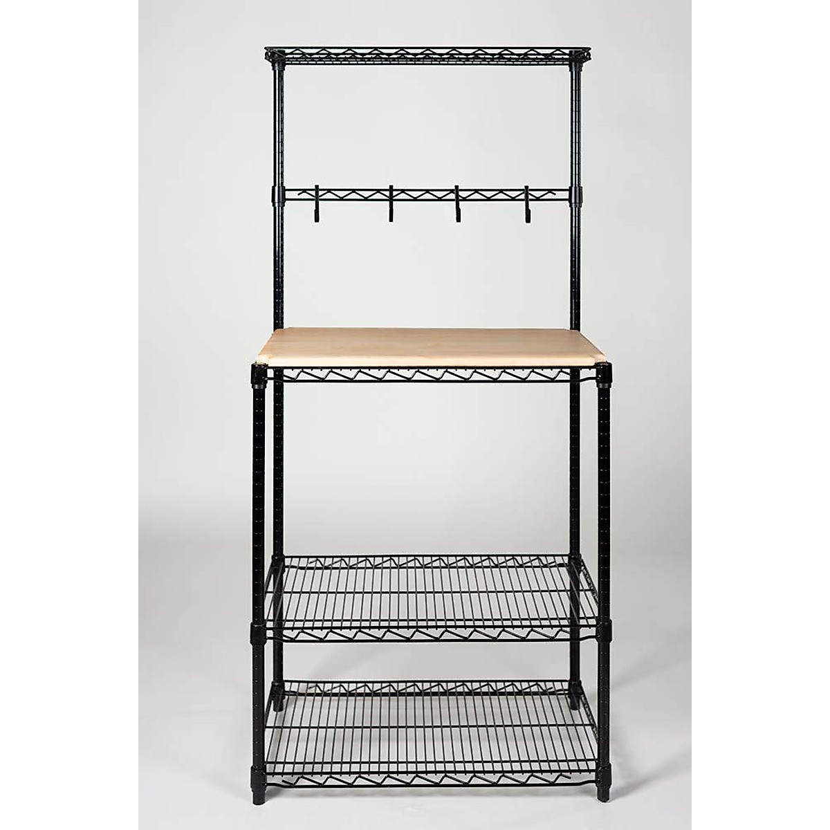 Omega 18" Deep x 42" Wide x 74" High Deluxe Black Bakers Rack with Top Shelf & Butcher Block