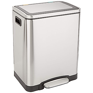 Amazon Basics 30L Dual Bin Soft-Close Trash can with Foot Pedal - 2 x 15 Liter Bins, Stainless Steel