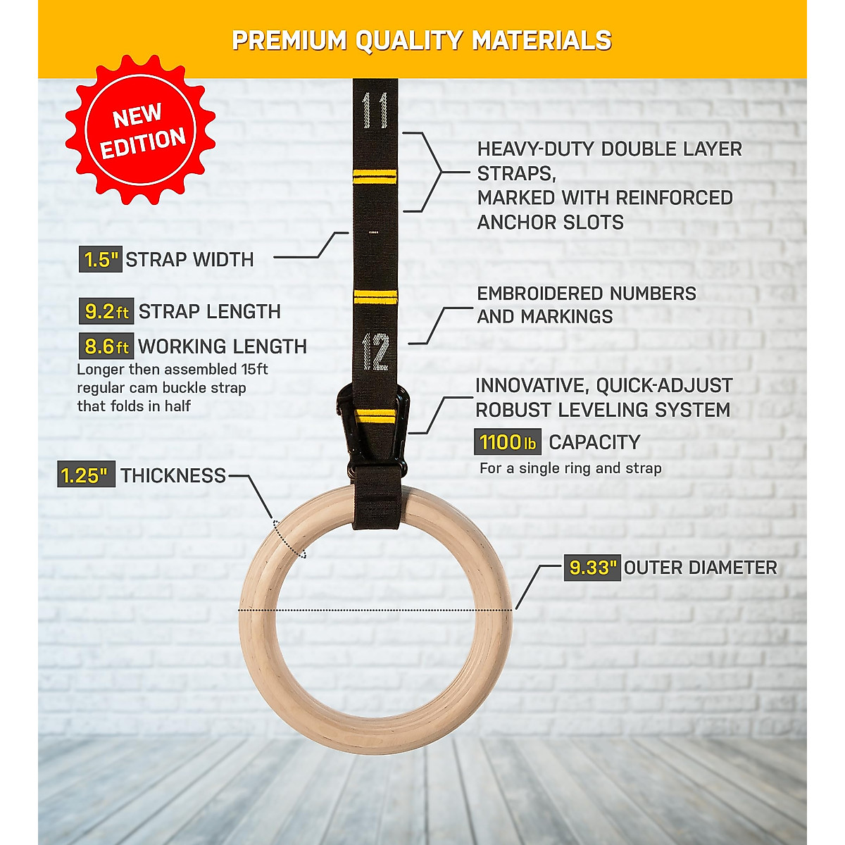 Double Circle Wood Gymnastic Rings 1.25 Inch, with Quick Adjust Numbered Straps and Exercise Videos Guide for Full Body Workout, Crossfit, and Home Gym