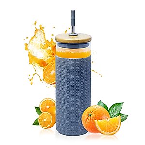 ZKA Global 24 Oz Reusable Boba Cup with Bambo Lid, 2 Straw With Silicon Tip and Cleaning Brush, Glass tumbler with Silicon Protective Sleeve, Glass Smoothie Boba Tumbler Gift Set (Grey)