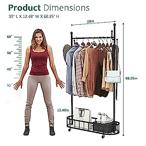 jxgzyy Clothing Rack Metal Garment Rack with Basket Rolling Clothes Rack with Hanging Rod Wardrobe Rack on Wheels Multi-functional Closet Rack for Bedroom Cloakroom Laundry