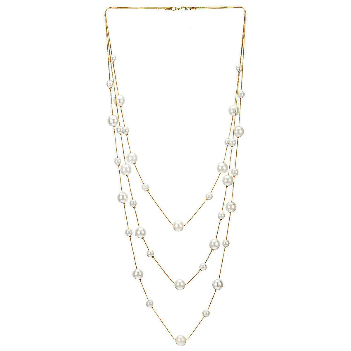 Gold White Statement Necklace Three-Strand Long Chains with Synthetic Pearl Beads, Elegant, Dress
