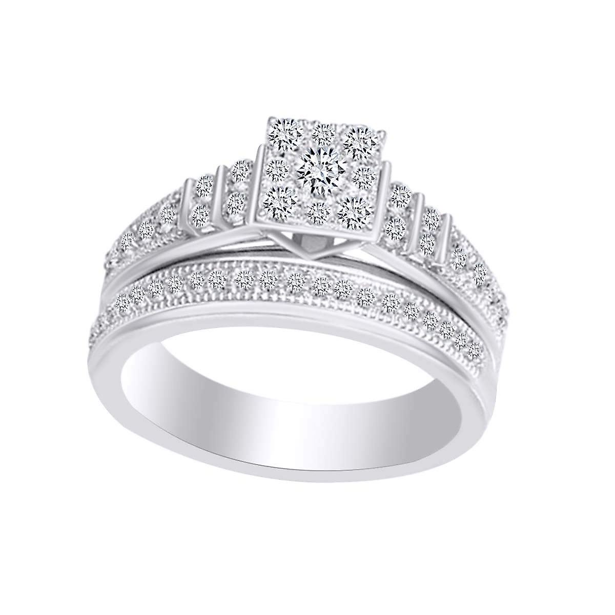 AFFY Round Shape White Cubic Zirconia Bridal Engagement Wedding Ring in 10k Solid White Gold (0.75 cttw) Ring Size-9.5