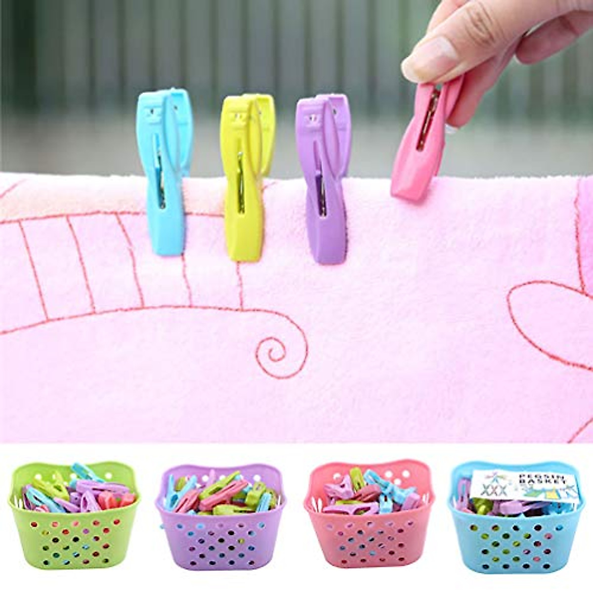 Goeielewe 30 Pcs Plastic Clothespins Clothing Clips Pegs with Storage Basket, Multifunction Windproof Clothing Towel Clips for Clothesline Hangers (Purple)