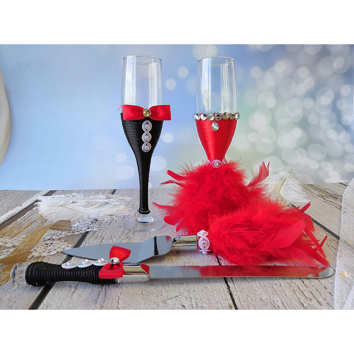 Abbie Home Bride and Groom Wedding Champagne Toasting Flute - Mr Mrs Wine Glasses Wedding Toasting Glasses with Feather Dress Red Suit Rhinestone, Set of 2 (Glass Set)