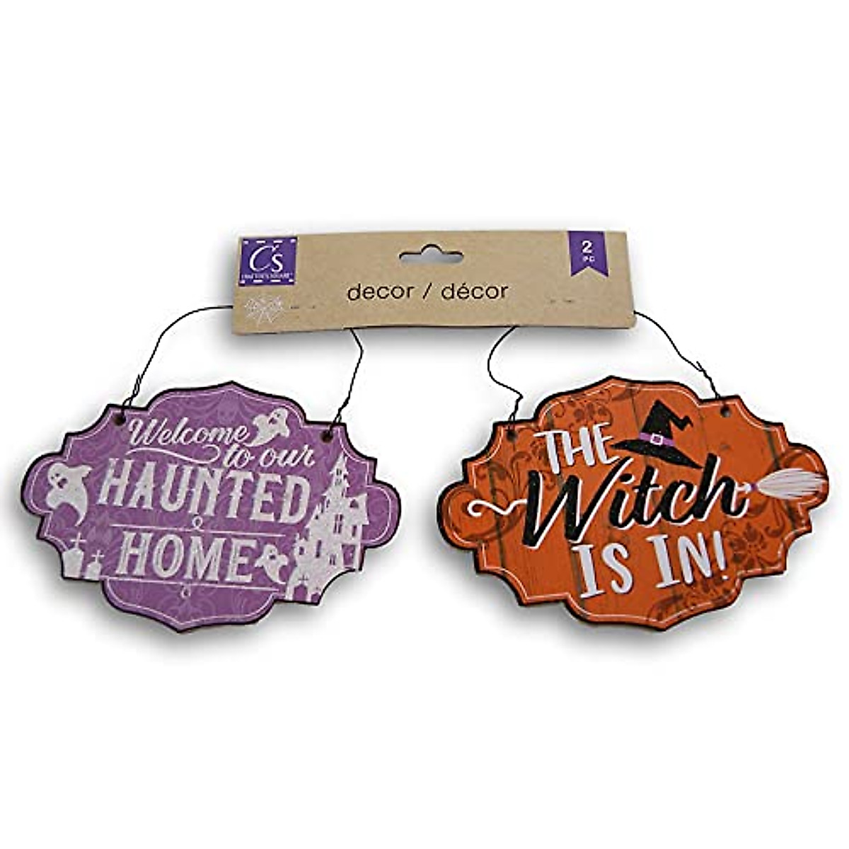 Halloween Mini Signs - The Witch Is In and Welcome To Our Haunted Home - with Wire Hangers - Set of 2