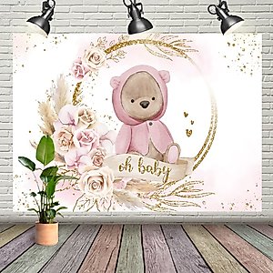 7X5FT Oh Baby Backdrop for Sweet Girl with Pink Bear Boho Rose Flower Background Baby Shower Gold Spots Photography It's a Girl Party Decorations Pink Pampas Grass Banner Photo Booth Props