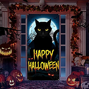 Halloween Party Black Cat Door Cover Scary Door Decoration Trick or Treat Halloween Party Door Banner for Front Door Porch Halloween Party Supplies Door Decor, 35 x 71 Inches
