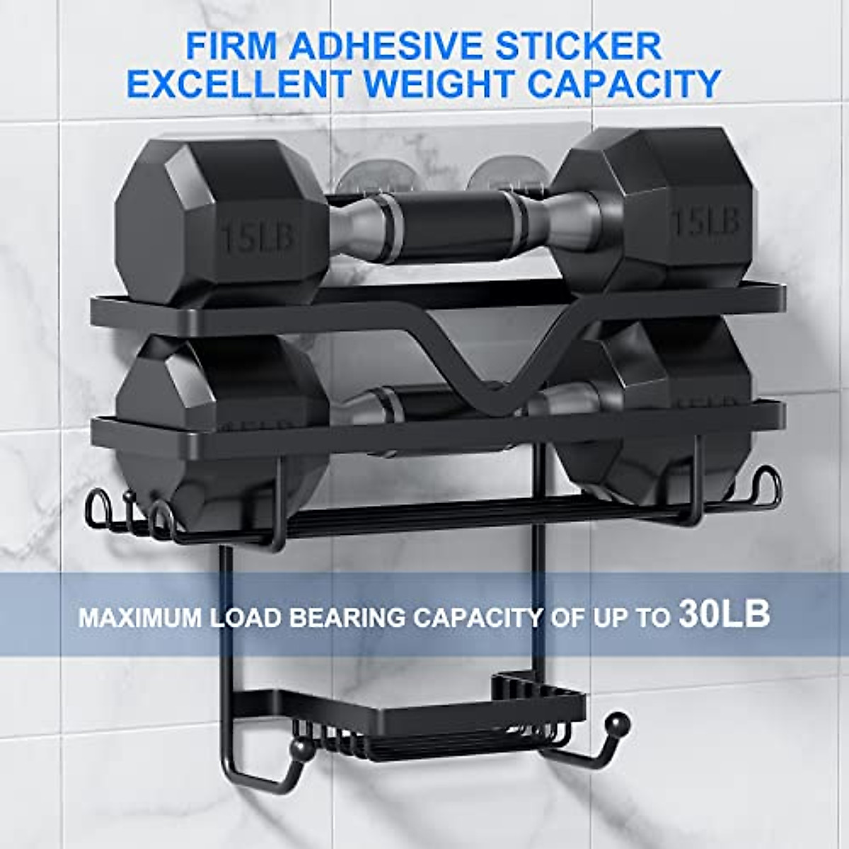 Gaseawolf Adhesive Shower Caddy, 2 Pack Shower Shelf with Soap Holder and Hooks, No Drilling Matte Black Bathroom Shower Organizer for Bathroom, Restroom, Shower Room, Toilet, Kitchen