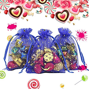 SUNGULF 100Pcs Sheer Organza Drawstring Pouches Stars and Moon Wedding Gift Bags Blue Color 4x5 Inches