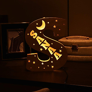 Name-Specific Wooden lamp Personalized Wood Letter Wall Light & Custom Sign Letters Wooden for Kids Room Wooden Children's Moon Stars Bedside lamp (Yellow)