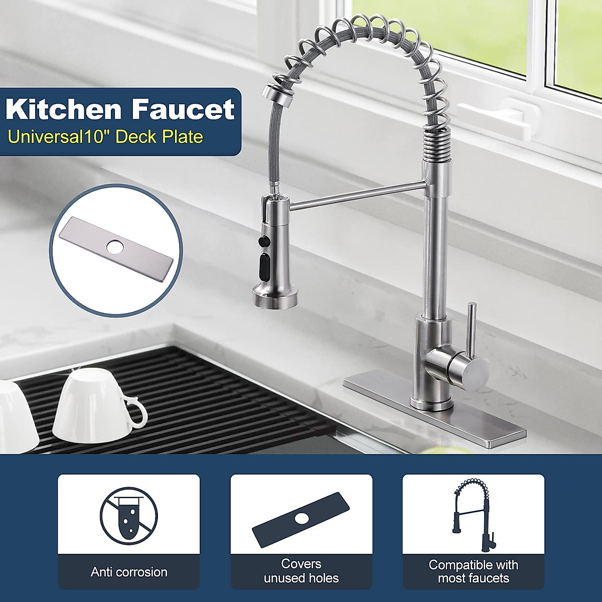 iVIGA 10" Sink Faucet Hole Cover Deck Plate for Bathroom & Kitchen Vanity Sink, Faucet Brushed Nickel Escutcheon Plate Stainless Steel Outside Faucet Cover Cap Rectangle Mixer Tap