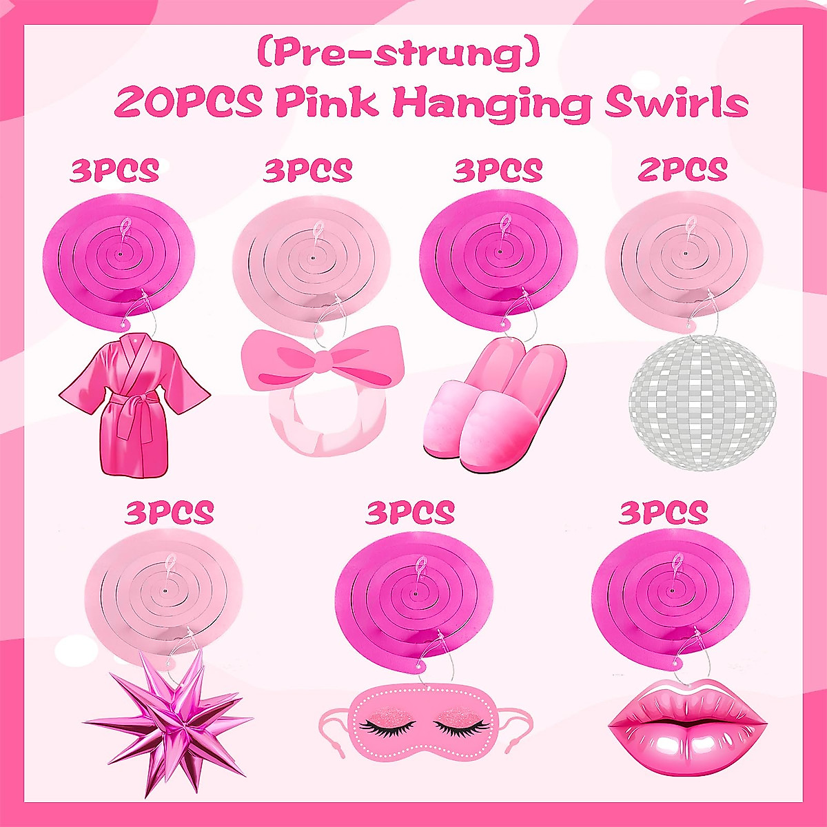 Pre-Strung Hot Pink Party Decorations Spa Party Decorations Spa Birthday Party Supplies for Girls Slumber Party Decorations Bachelorette Party Hanging Swirl Pajama Sleepover Party Decorations