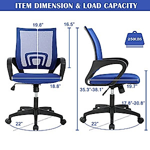 Home Office Chair Desk Chair Computer Chair with Lumbar Support& Armrest, Adjustable Ergonomic Mid Back Task Chair Mesh Rolling Swivel Office Desk Chairs for Bedrooms, Blue
