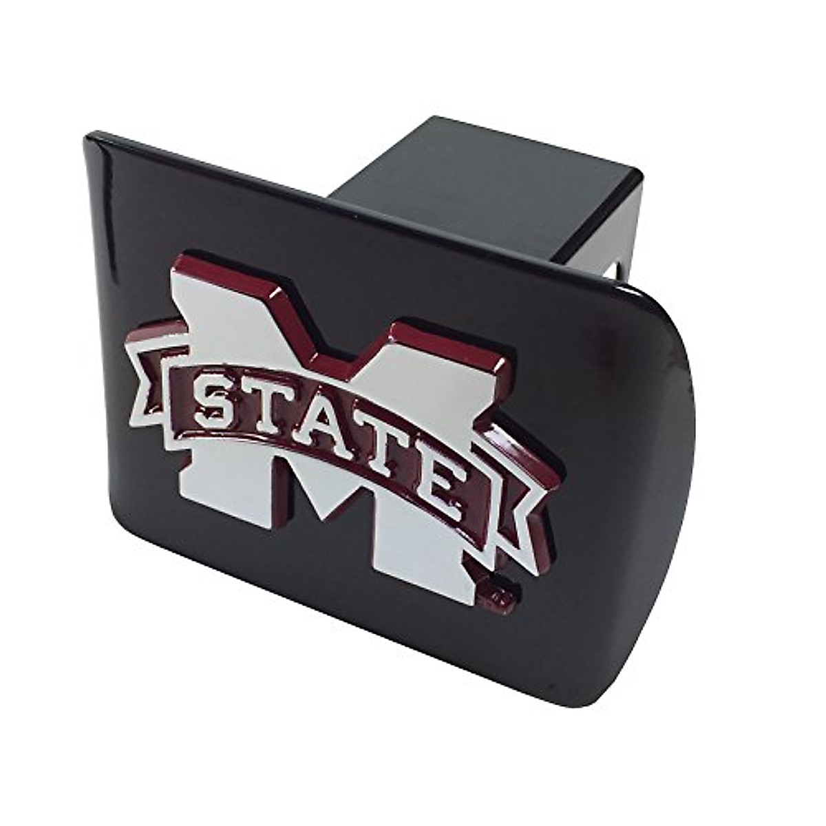 AMG Mississippi State University Metal Emblem (Chrome with Maroon Trim) on Black Metal Hitch Cover