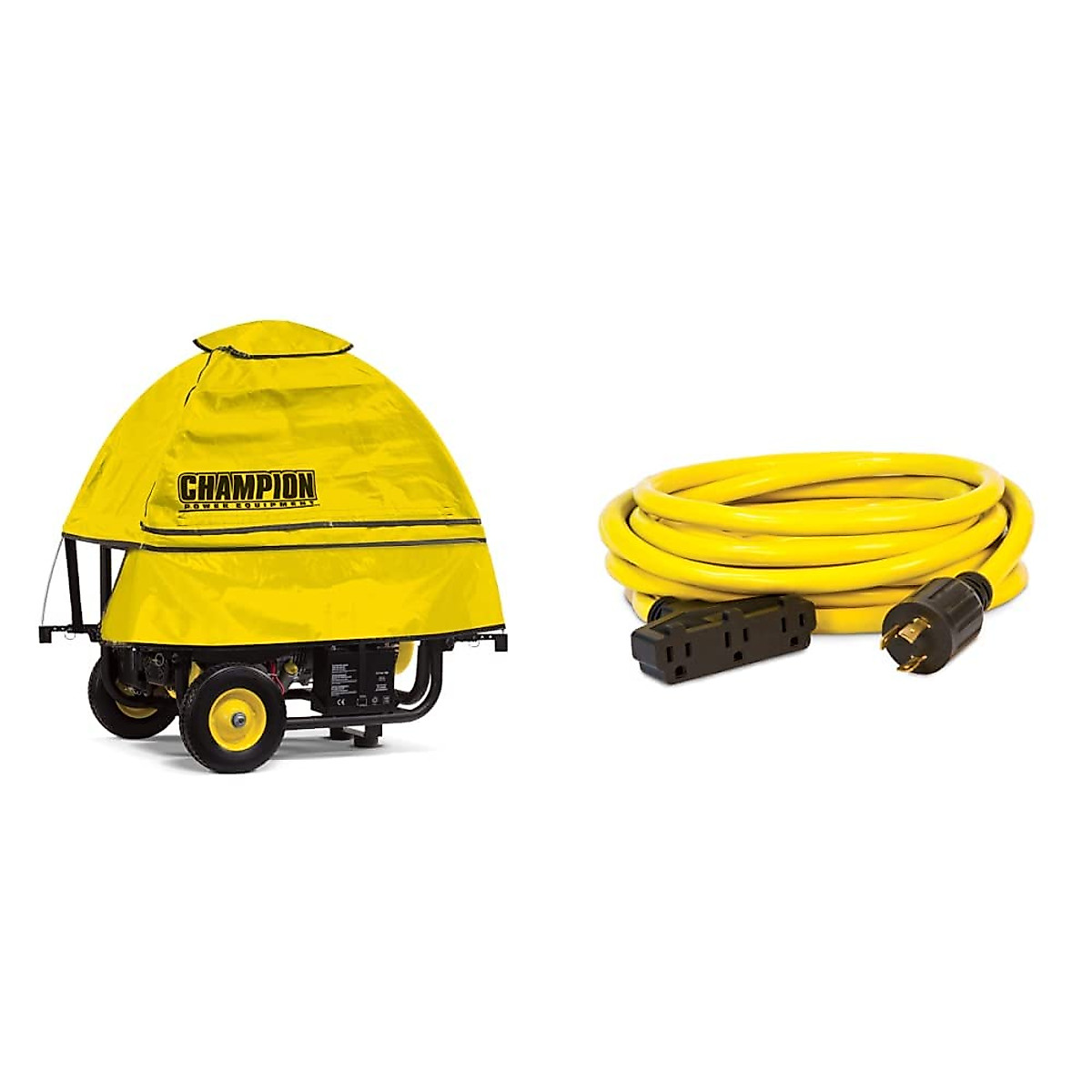 Champion Storm Shield Severe Weather Portable Generator Cover & 48034 25 ft. 30A 125V Generator Power 3750 Watts (L5-30P to Three 5-15R) Extension Cord, Yellow