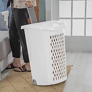 Ultra Wheeled Design Clothes Hamper Laundry Basket, Mind Reader Basket Collection，135 Liter （20 1/8" x 15 3/8" x 26 3/4"）Capacity, White Lid & Base w/Plastic Handle & Wheels.