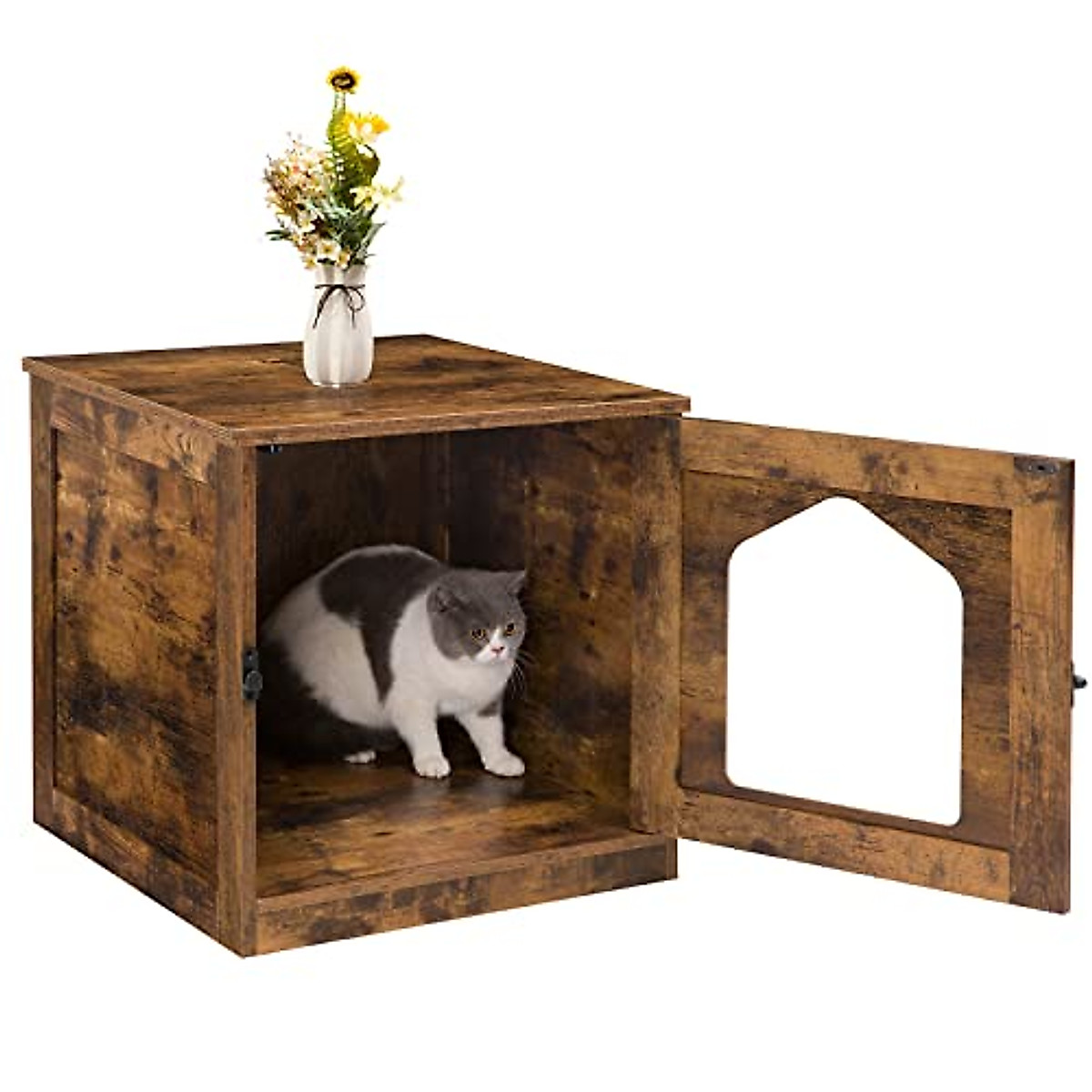 HOOBRO Cat Litter Box Enclosure, Hidden Litter Box Furniture, Enclosed Cat House Side Table, Cat Washroom with Door, Enlarged Cat Litter Cabinet for Fat Orange Cat, Nightstand, Rustic Brown BF01MW01