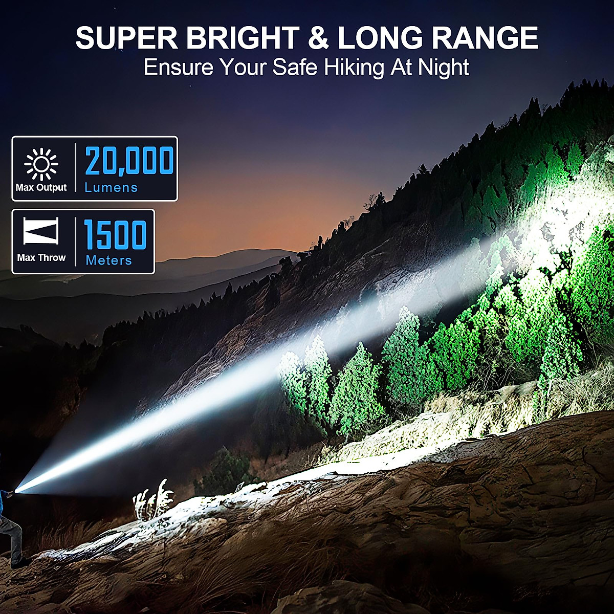 Rechargeable Flashlights 20,000 High Lumens, 1500M Long Throw Super Bright LED Small Powerful Tactical Flashlight with Memory Function, 6Modes Pocket Waterproof Flash Light for Camping,Emergency