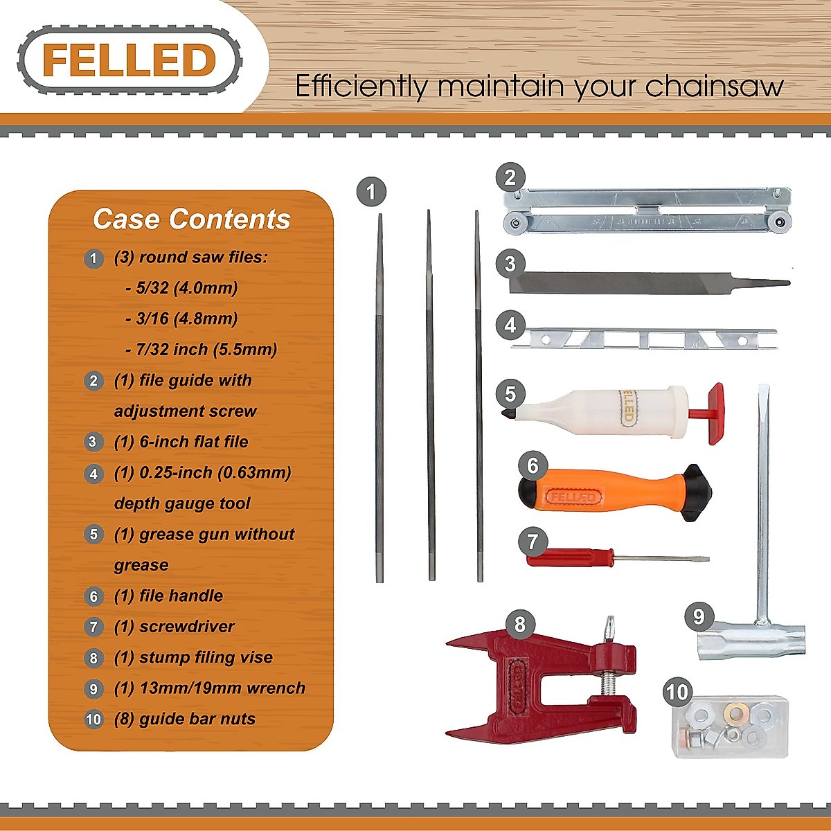 Felled Chainsaw Sharpening Kit in Hard Carrying Case - File Set, Guide, Depth Gauge, Stump Filing Vise, Grease Gun