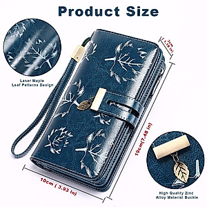 HUANLANG Women Wallets Large Ladies Leather Wallet with Coin Pocket RFID Wallet Organizer for Women with Wrist Strap (Blue Leaf)
