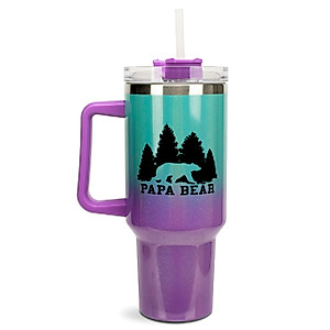 Elanze Designs Papa Bear Forest Trees Dad Grandpa 40 oz. Stainless Steel, Large Water Bottle Coffee Mug, Spill & Leak Resistant, Thermal Travel Tumbler with Handle, Lid & Straw, Teal/Purple