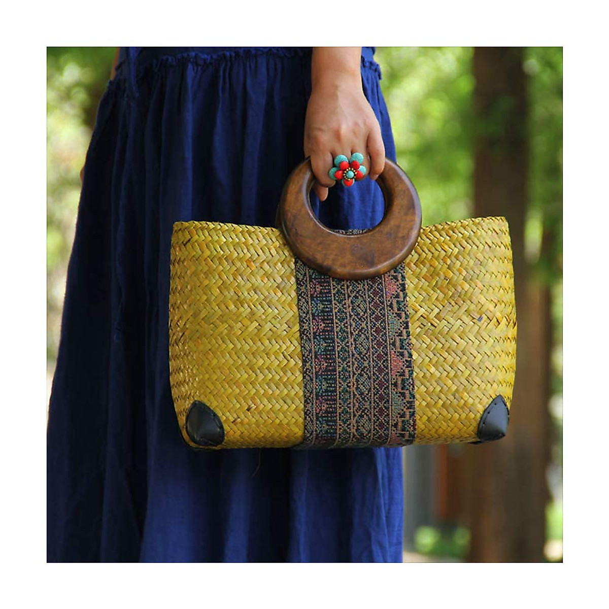 QTKJ Women Summer Retro Straw Bag with Printing Pattern Hand-woven Beach Handbag Top Round Handle Boho Tote Bag Shopping Travel Large Bag (Yellow 2)
