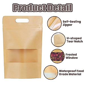 Muka 100 PCS Kraft Heat Sealable Stand Up Pouch Bags w/Handle Reusable Food Pouches Bags, 9.3"W x 13.8"H x 4"D, 7 mil