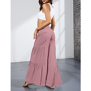 Xiaoxuemeng Women's Tiered Palazzo Pants Flowy Elastic High Waisted Wide Leg Beach Pants (Pink-XL)