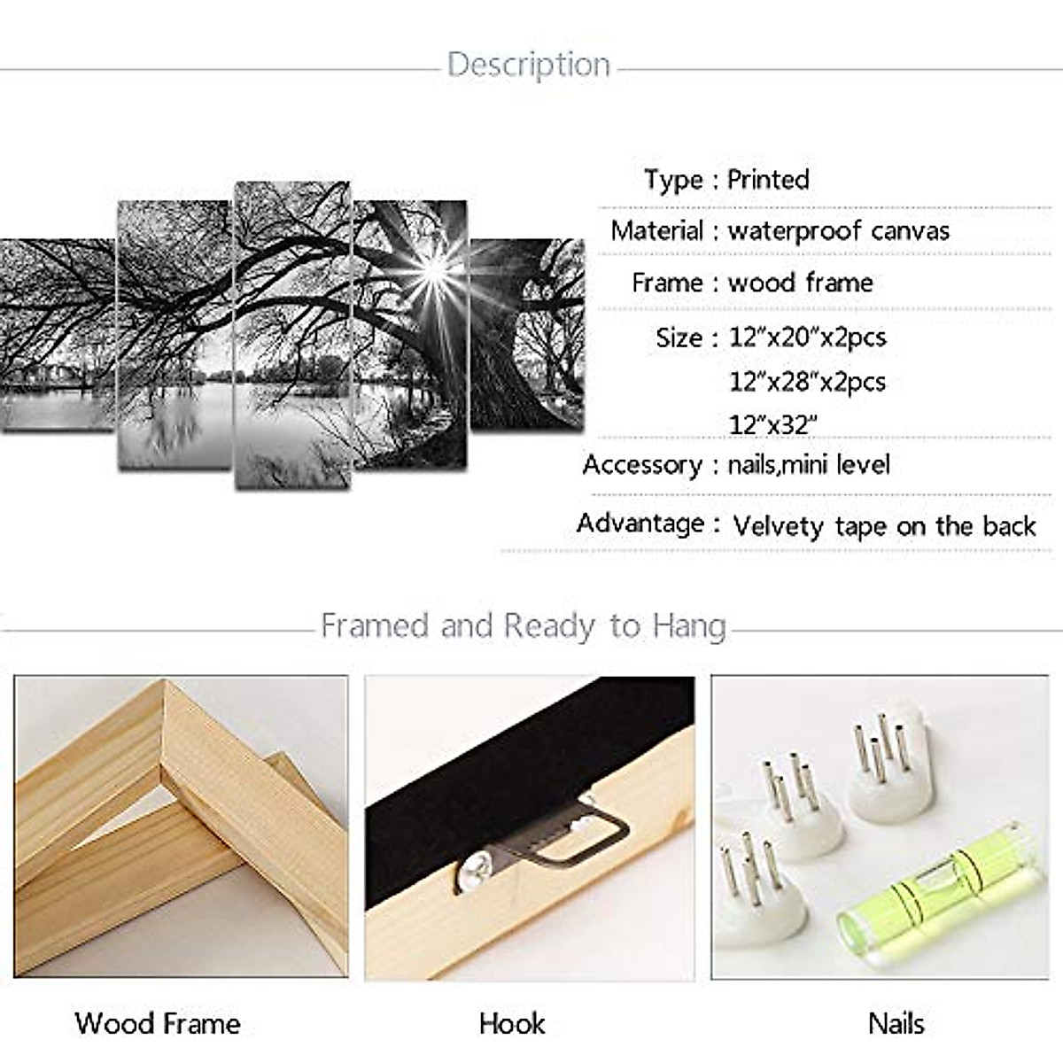 sechars - 5 Pieces Wall Art Old Tree by Lake Picture Canvas Prints Sunrise Painting Black and White Landscape Canvas Art Modern Wall Decoration Framed and Ready to Hang