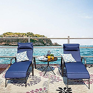 LOKATSE HOME 3 Pieces Outdoor Patio Chaise Lounge Set 2 Adjustable Chairs and 1 Bistro Table with Removable Cushions, Dark Blue