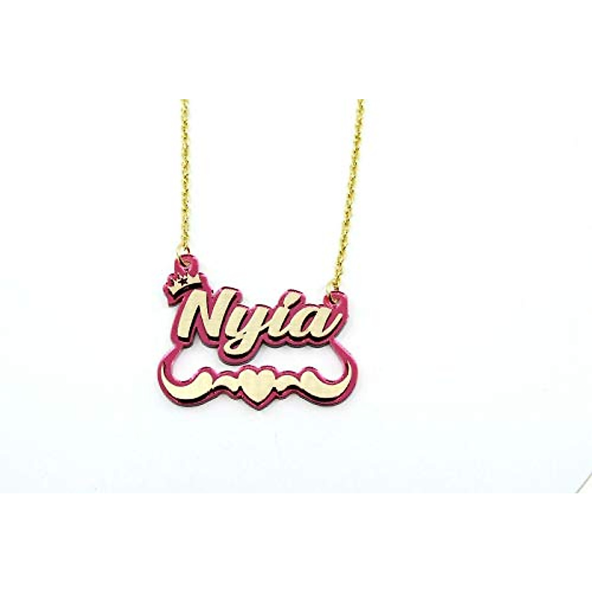 Name Necklace Plate Personalized Custom Nameplate and 1.5" Bamboo Gold Earrings With Swirls Heart and Crown on Top Jewelry Set Color Choice Laser Cut Gold Script Cursive Letters, Quality Gold Chain