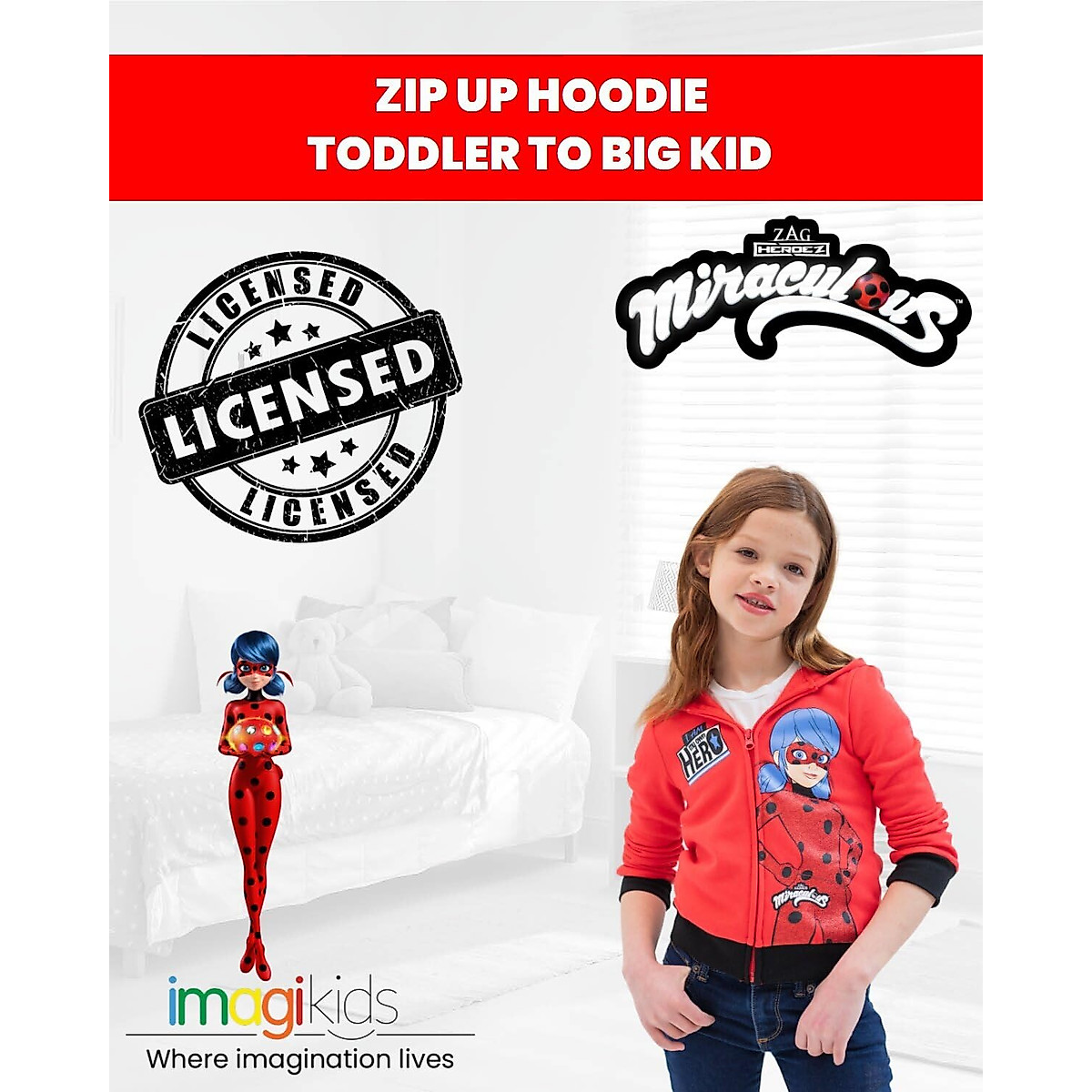 Miraculous Ladybug Big Girls Zip Up Hoodie Red 14-16
