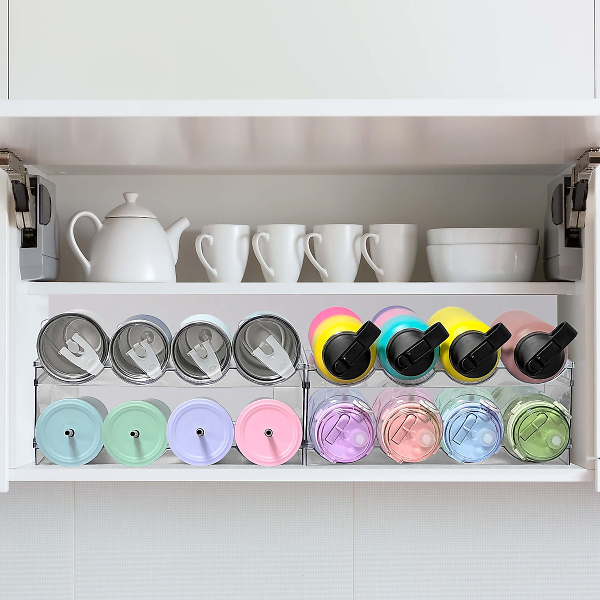 4 Pack Water Bottle Organizer, Large Compartment Stackable Kitchen Pantry Organization and Storage Rack, Plastic Water Bottle Holder for Kitchen Cabinet Organizer and Storage, Tumbler Mug Cup Shelf