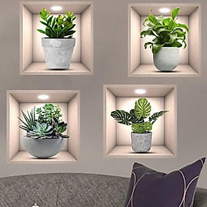 iMagitek 4 Pack 3D Green Plants Wall Stickers Botanical Plants Wall Decals for Bedroom Living Room Kitchen