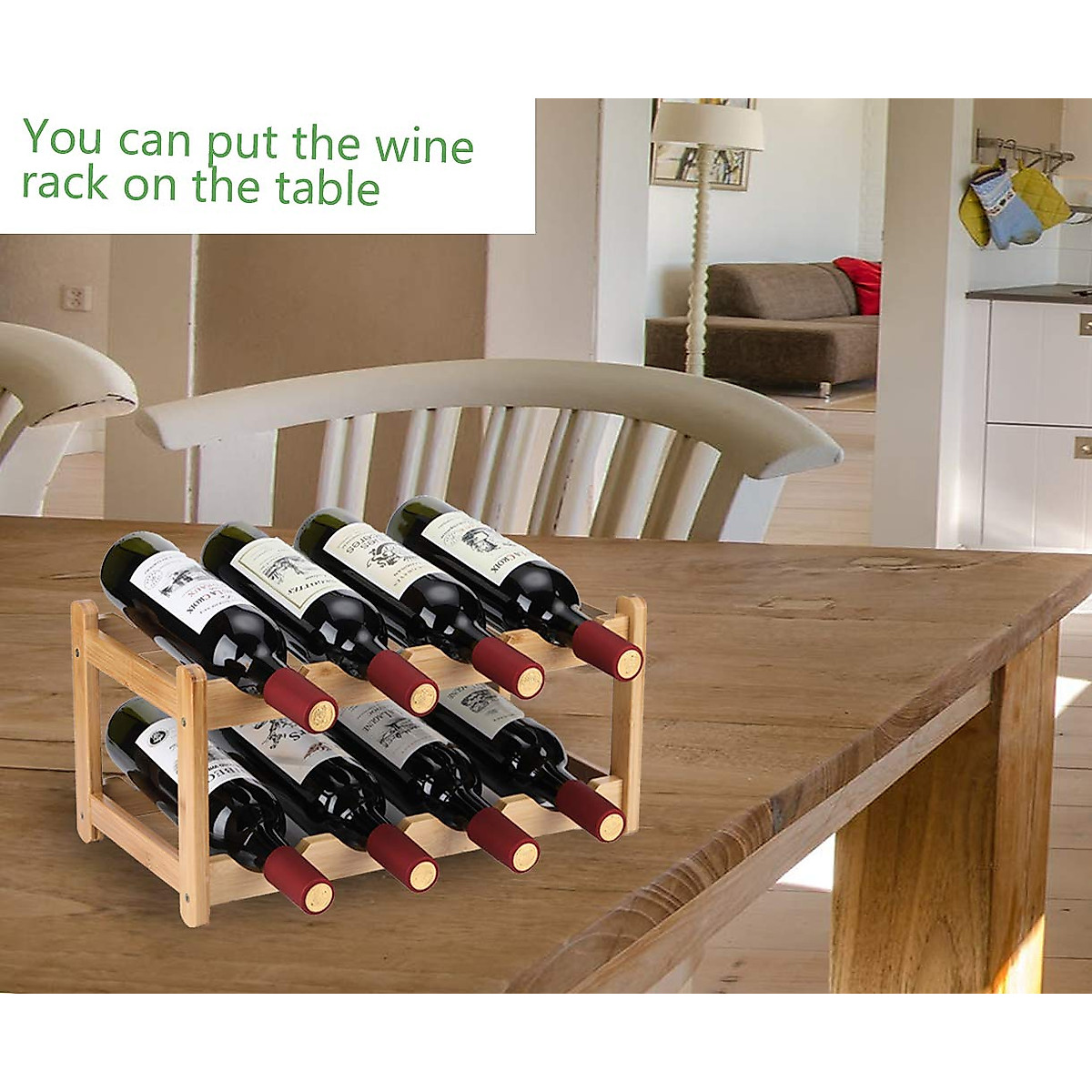 Wine Rack 8 Bottle 2-Tier Eco-Friendly Bamboo Wine Storage Easy-Assembly Space-Saving for Wine Lovers,Kitchen Wine Organizer for Countertop,Pantry, Home,Room Decor,Bar