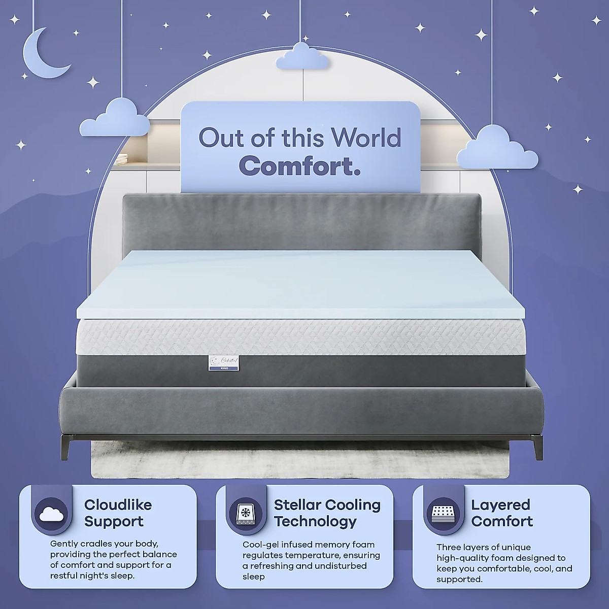 Celestial Sleep Memory Foam Mattress Topper, Cool Gel Infused, CertiPUR-US, 2 inch Medium Soft - King