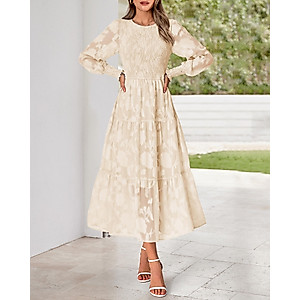 BTFBM Casual Women's 2025 Fall Dresses Elegant Wedding Guest Dress Long Sleeve Floral Midi Dress Flowy Bohemian Long Dress(Apricot,Small)