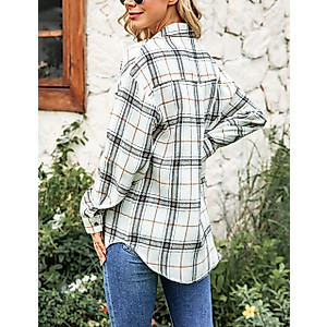 Lumister Oversized Flannel Shirt Women Long Sleeve Plaid Button Down Buffalo Shirt Blouse Tops with One Pocket(0405-White*1-M)